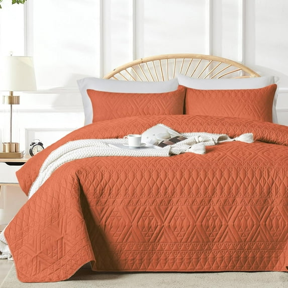 Highcool Queen/Cal Size Quilt Bedding Set, Burnt Orange Microfiber Soft ...