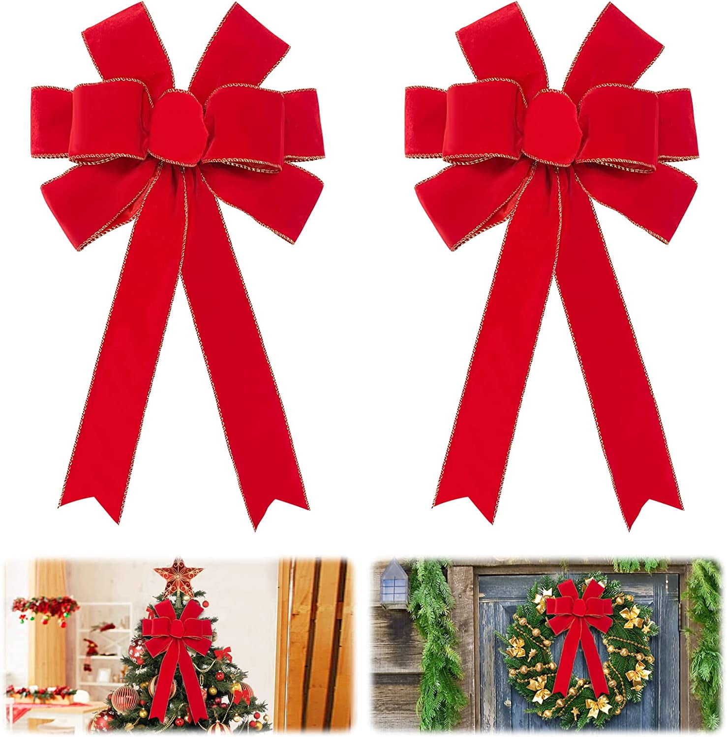 Highcool Red Bows 12”X20” Velvet Wired Bows with Glitter for Tree ...