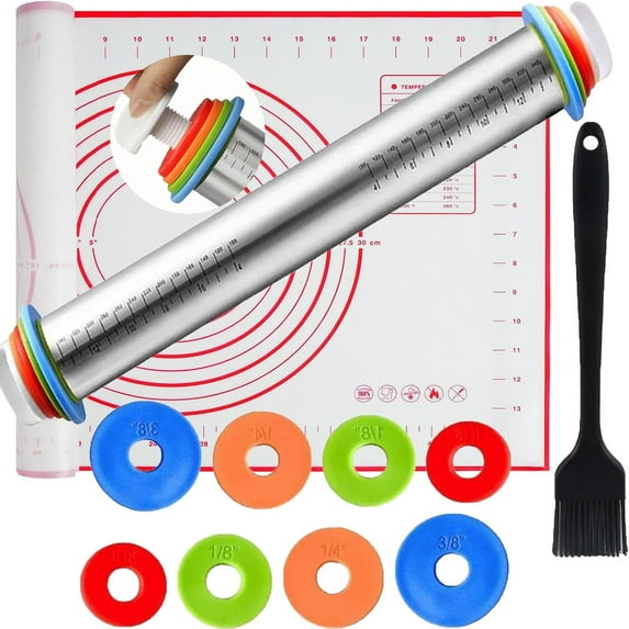 Highcool Rolling Pin 3-Piece Set and Baking Pastry Mat , Thickness Included, Steel Dough Roller ...