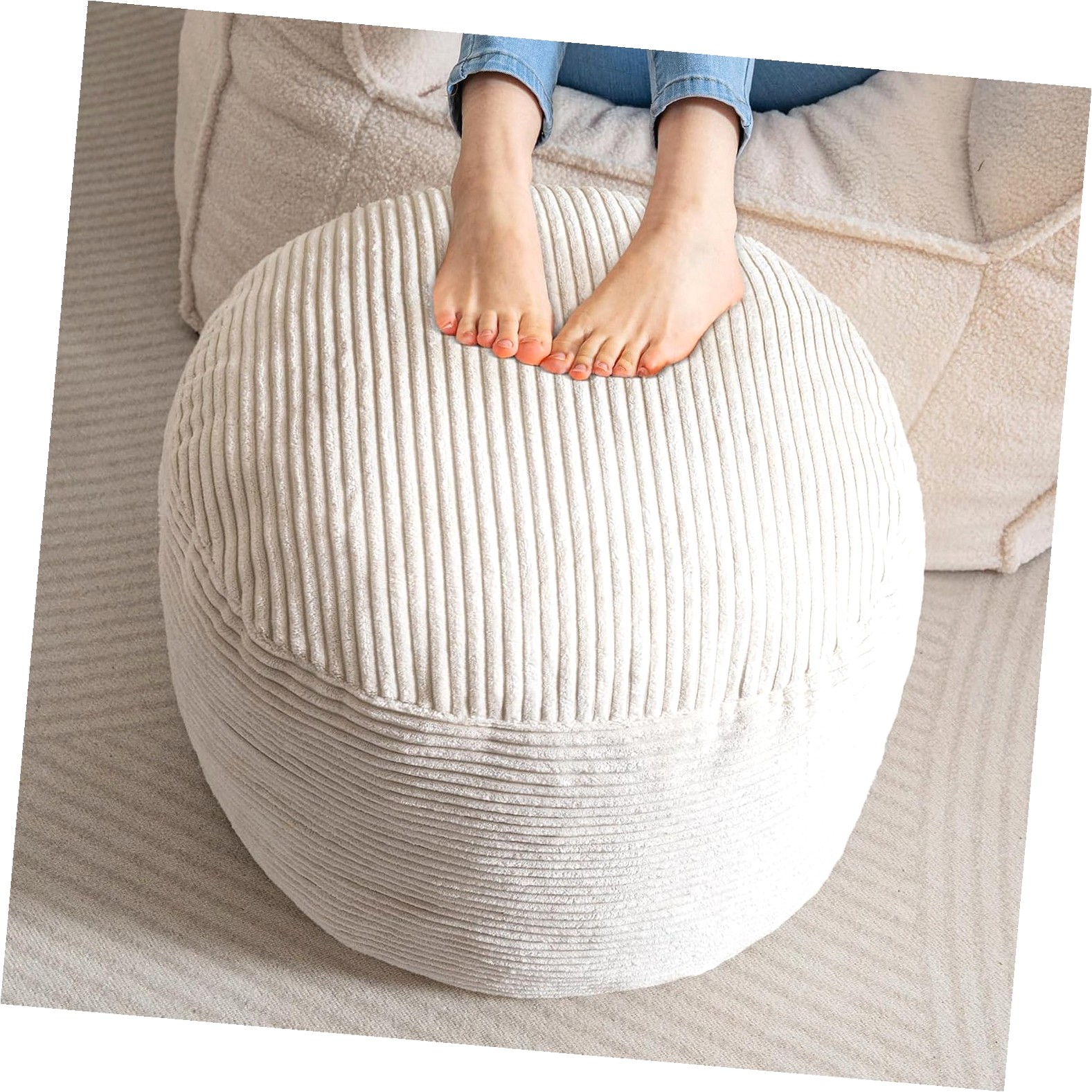 Highcool Round Stuffed Pouf Ottoman, Corduroy Poufs with Chunk Filling ...