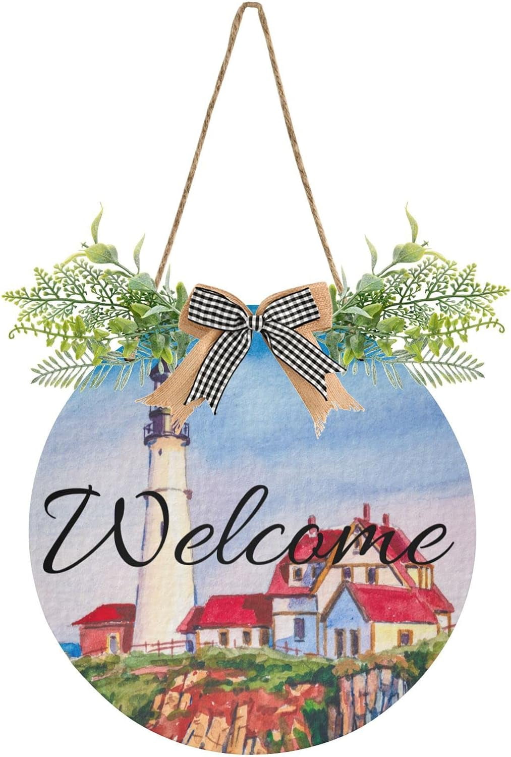 Highcool Round Welcome Sign Ocean Lighthouse Landscape PVC Sign Hanging ...