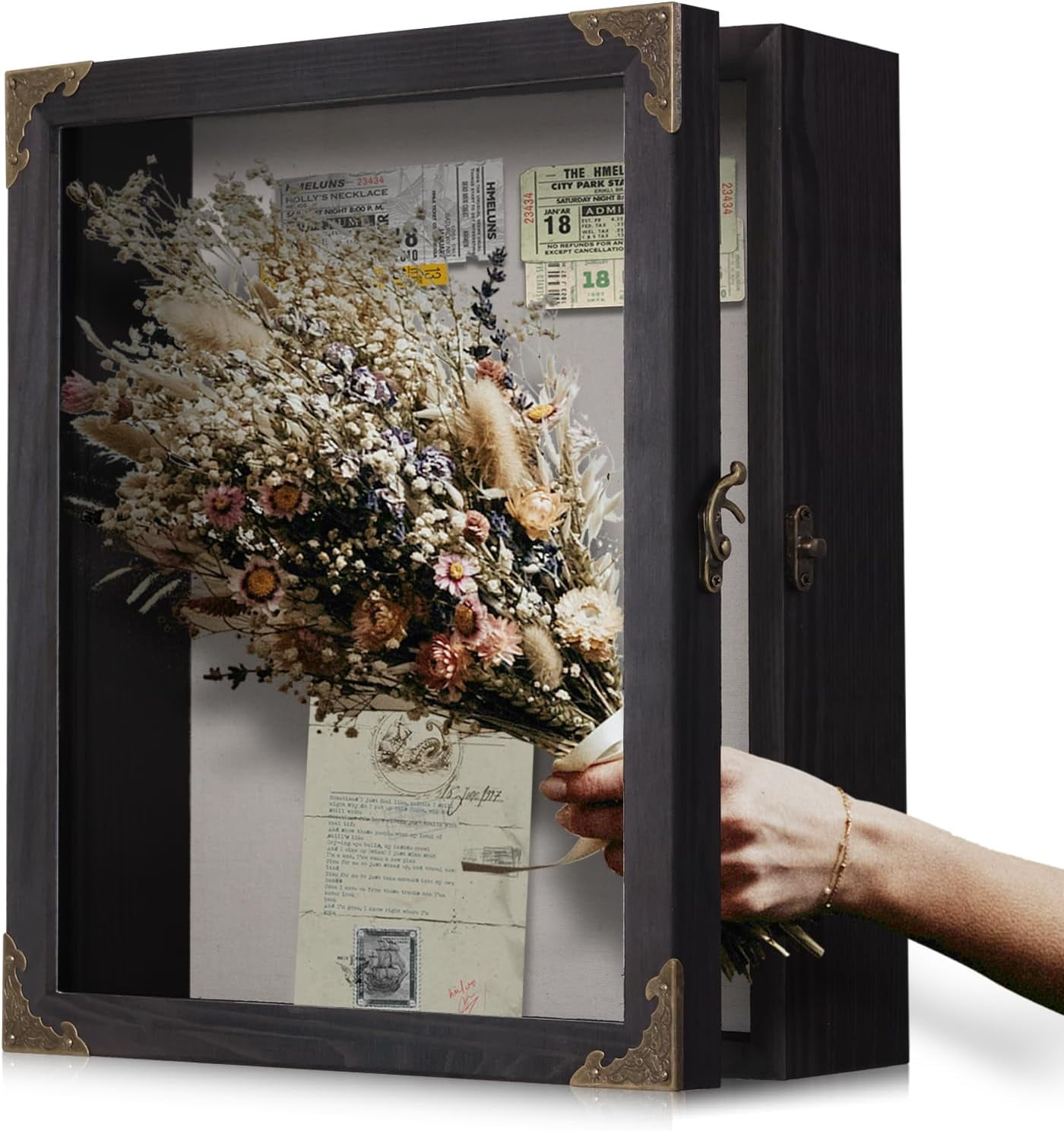 Highcool Shadow Box Frame with Retro Metal Accents and Lock, Wood ...