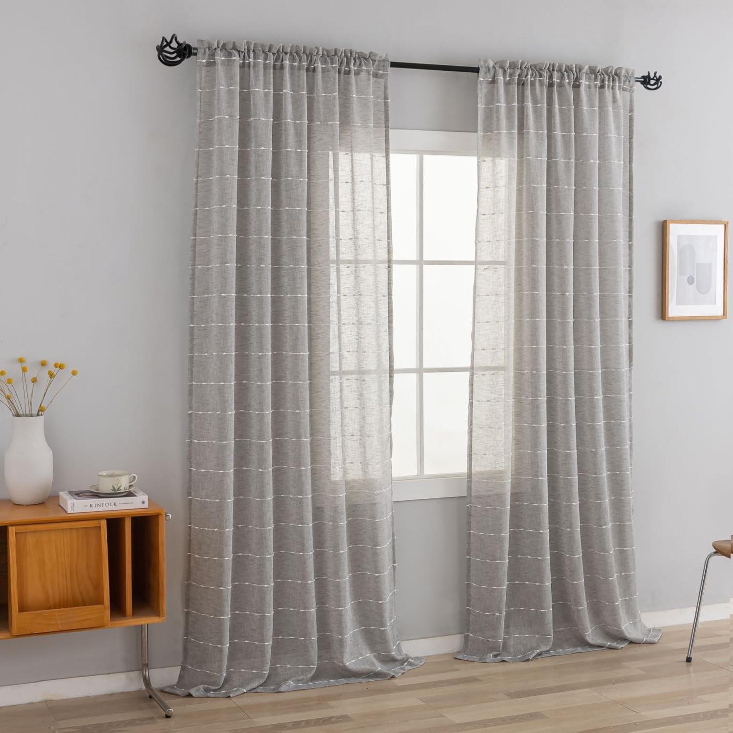 Highcool Sheer Curtains 72 inches Length With White Stripe for Bedroom ...