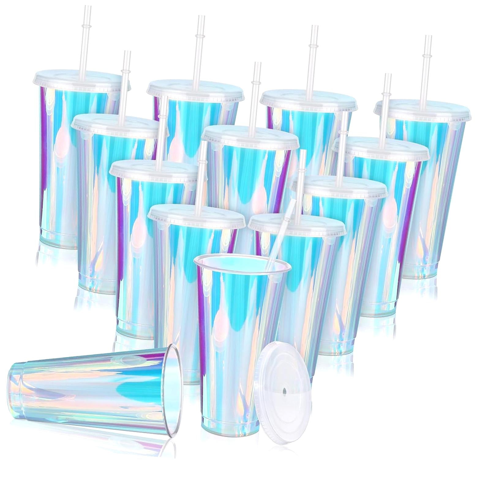 Highcool Shimmering Plastic Tumblers with Straws, 24 oz Rainbow Plastic ...