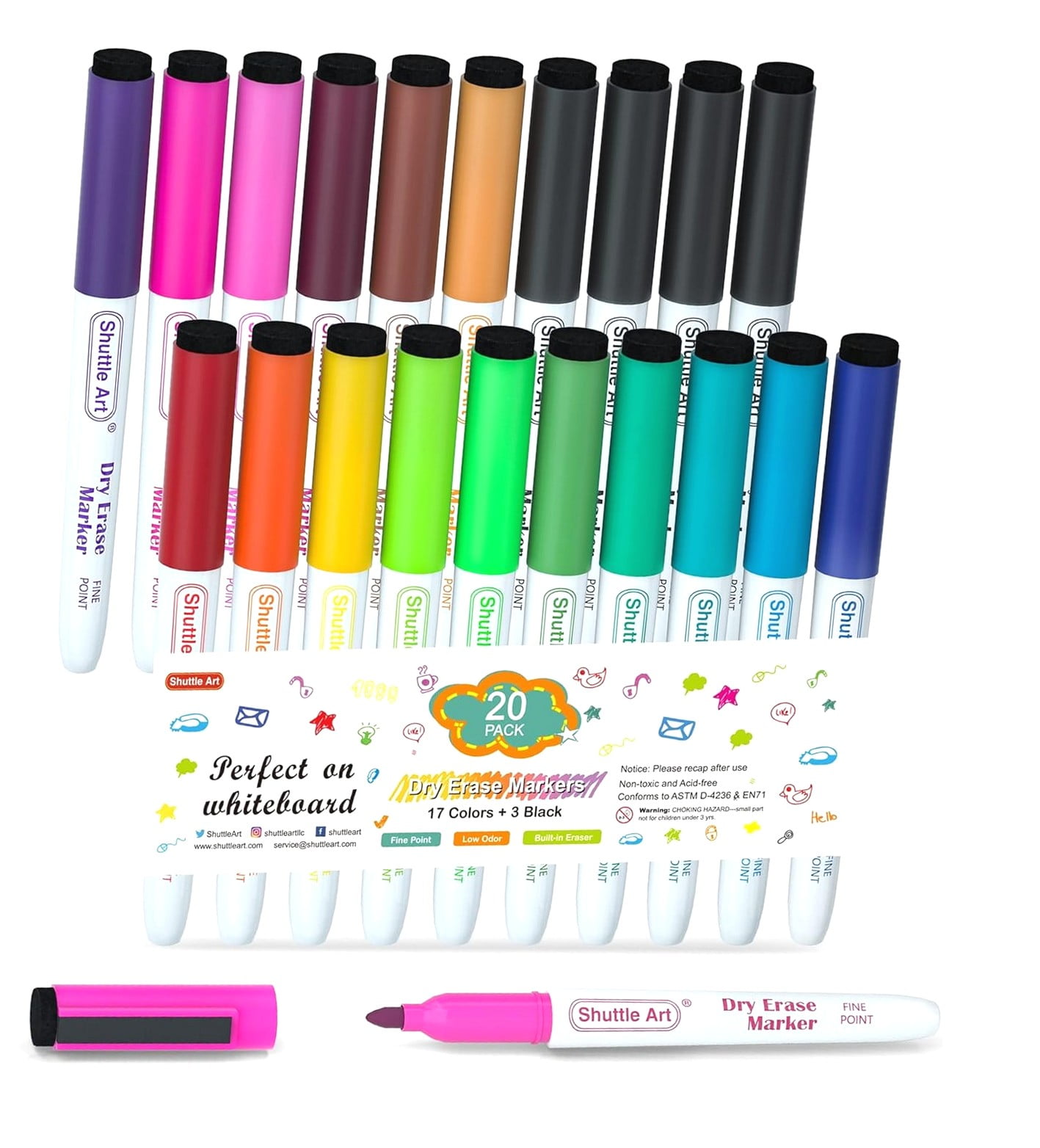 Highcool Shuttle Markers, 20 Pack Colors Whiteboard Markers, Bundled ...