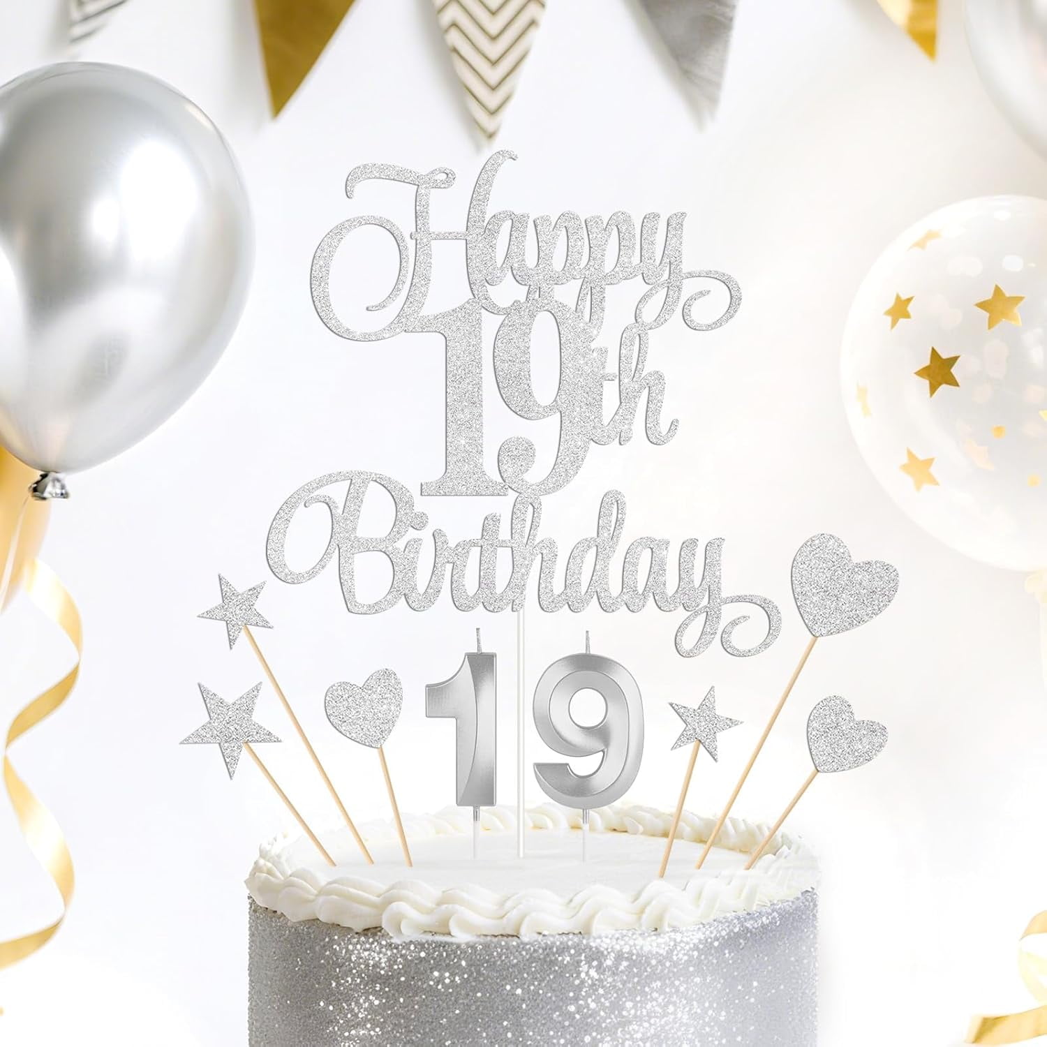 Highcool Silver Happy 19th Birthday Cake Decorations, Glitter 19th ...