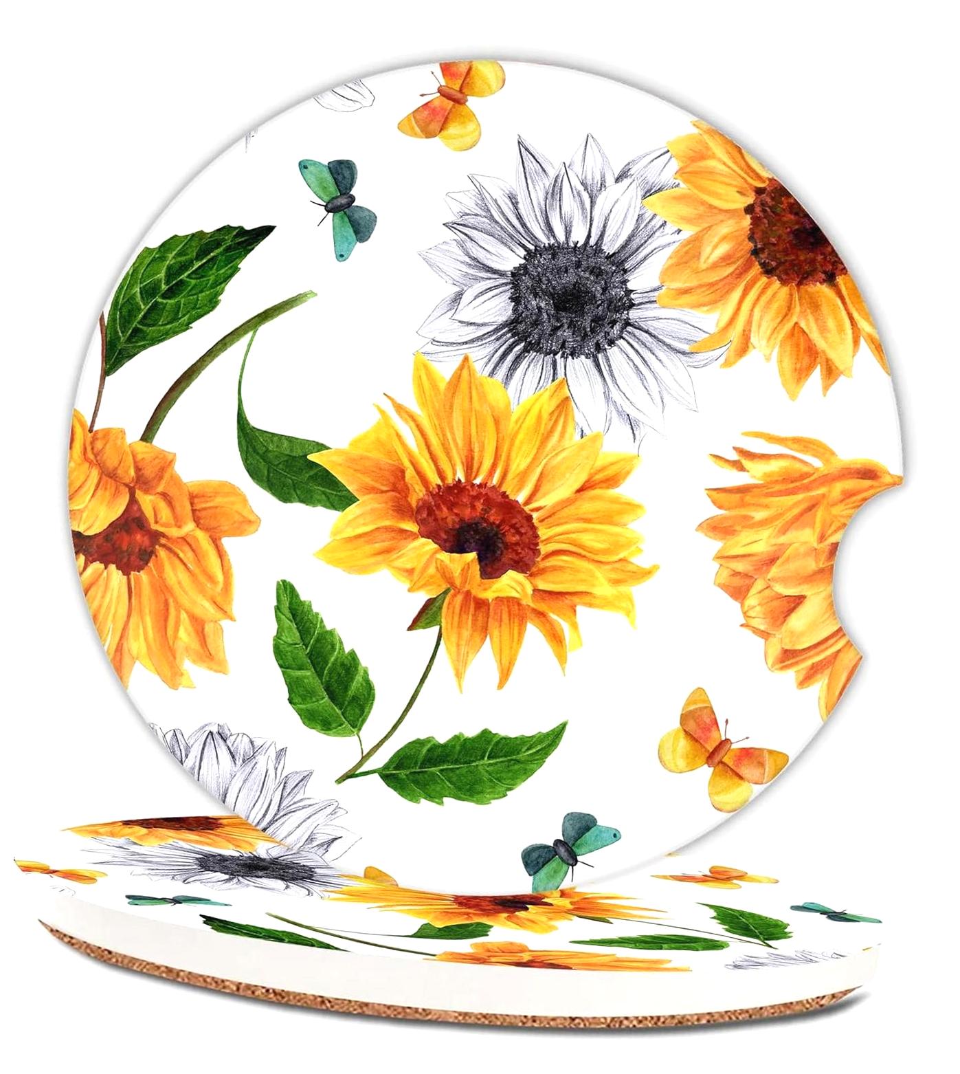 Highcool Sunflower and Butterfly Car Coasters, Ceramic Absorbent Cup ...