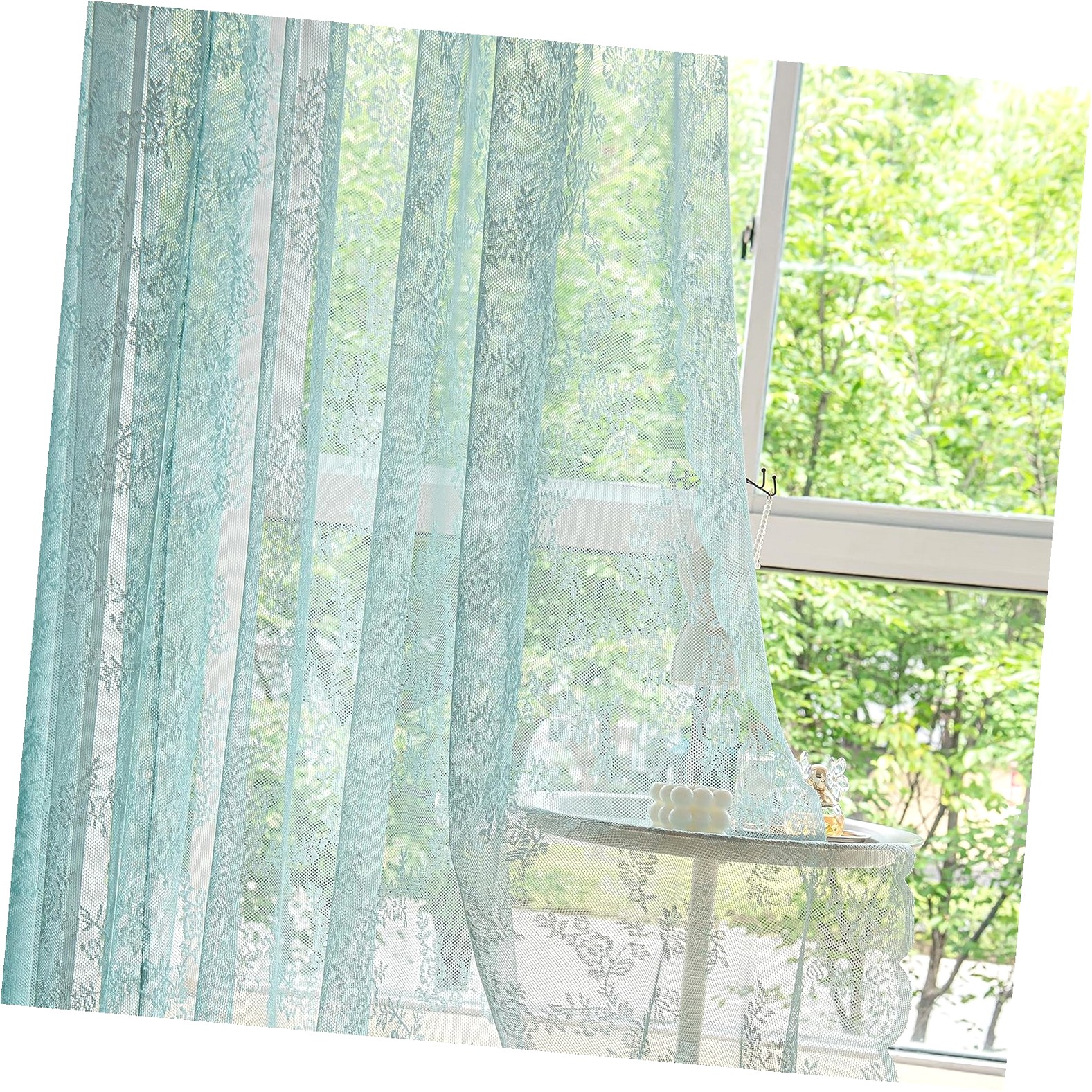 Highcool Sutuo Teal Blue Lace Curtains 84 Inches Long 2 Set, Sheer ...