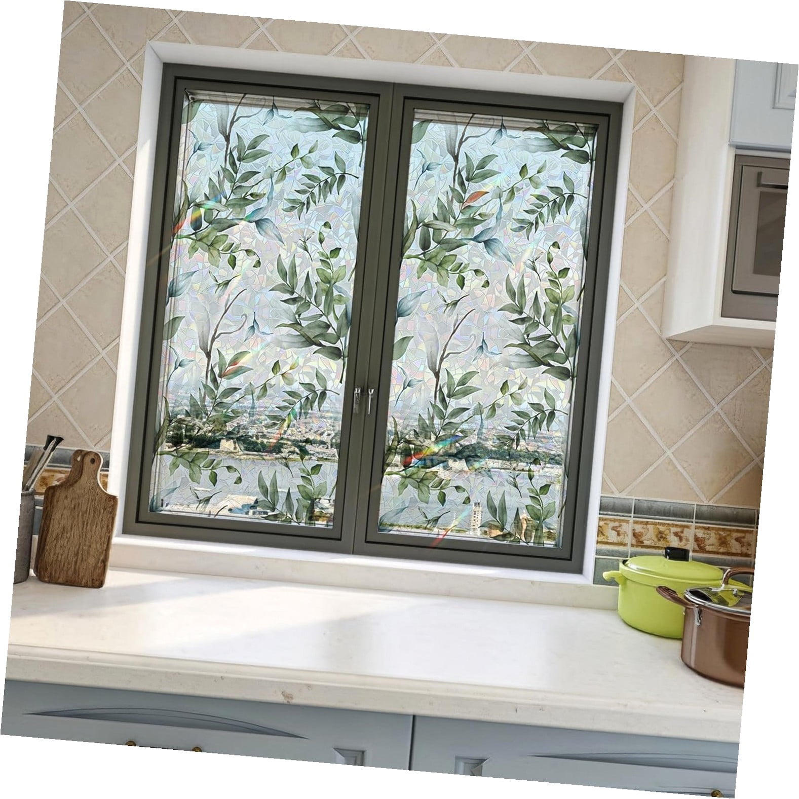 Highcool Watercolor Leaves Static Window Film Suncatcher Cling Privacy ...