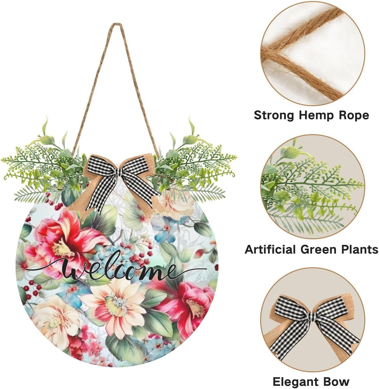 Highcool Welcome Sign Hanging Plaque Sign Flowers on White 12in Circle ...