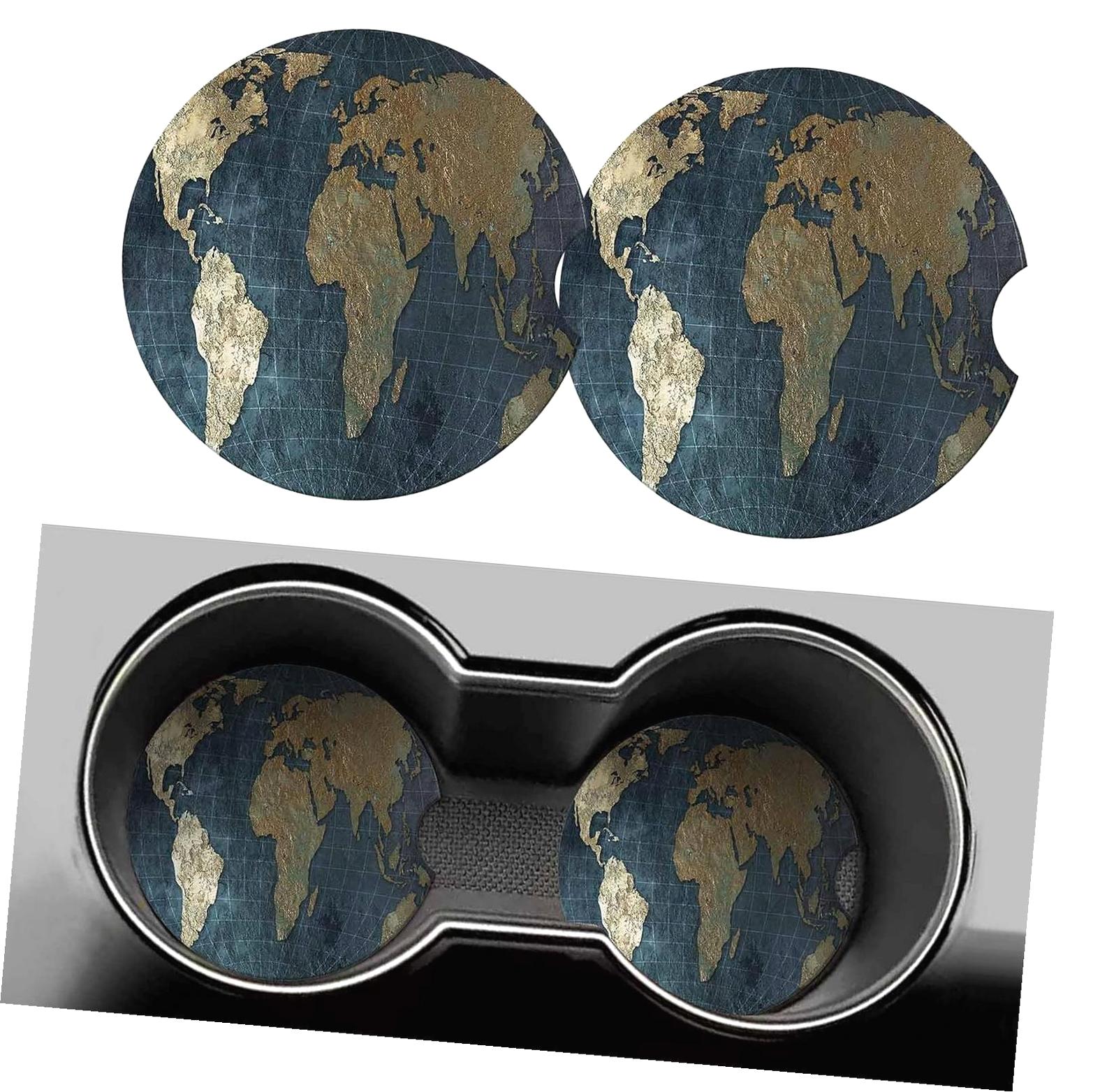 Highcool World Map Design Car Cup Holder Coasters, 2-Pack, Absorbent ...