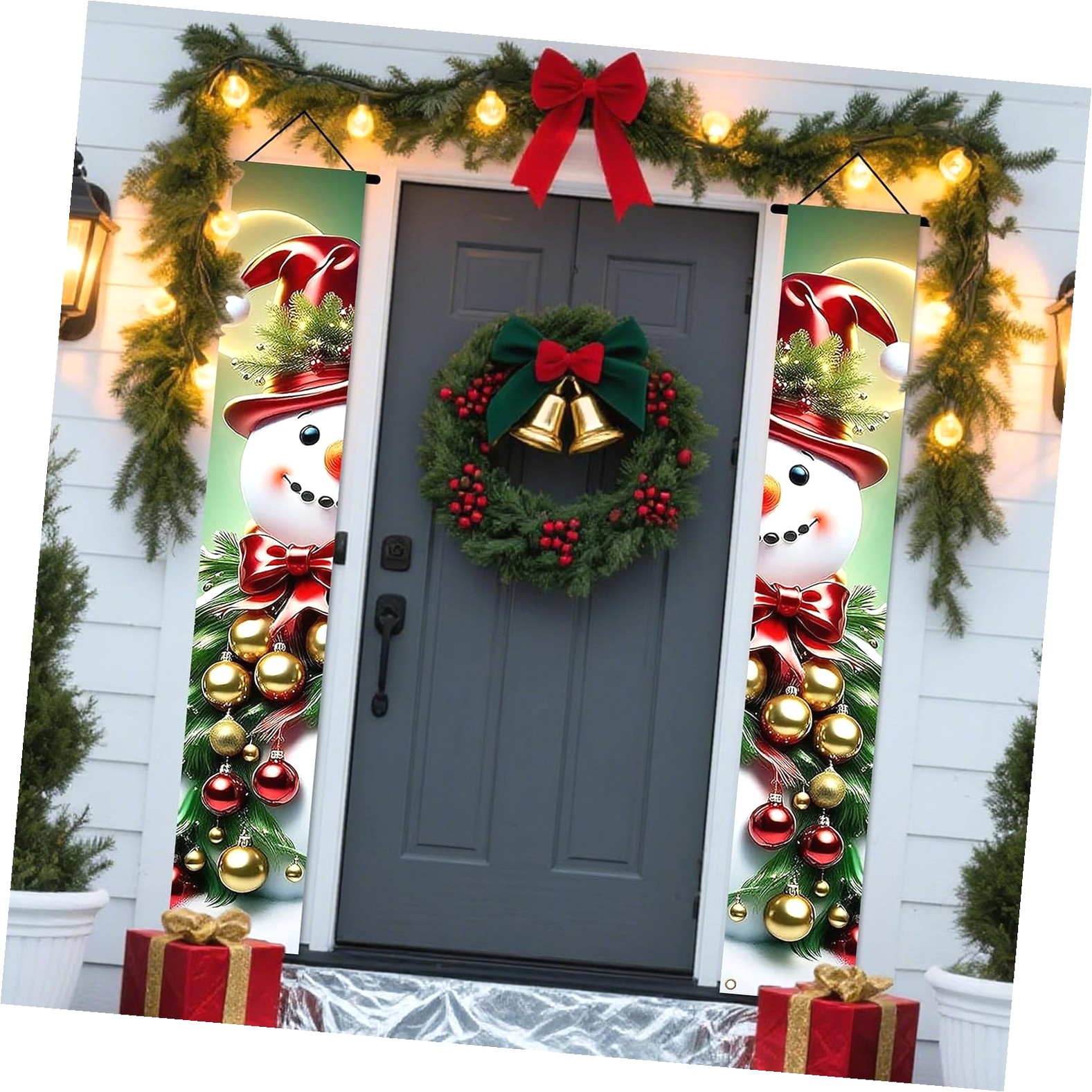 Highcool Yard Porch Sign Set, Red Bow Snowman Ornament Door Banners for ...