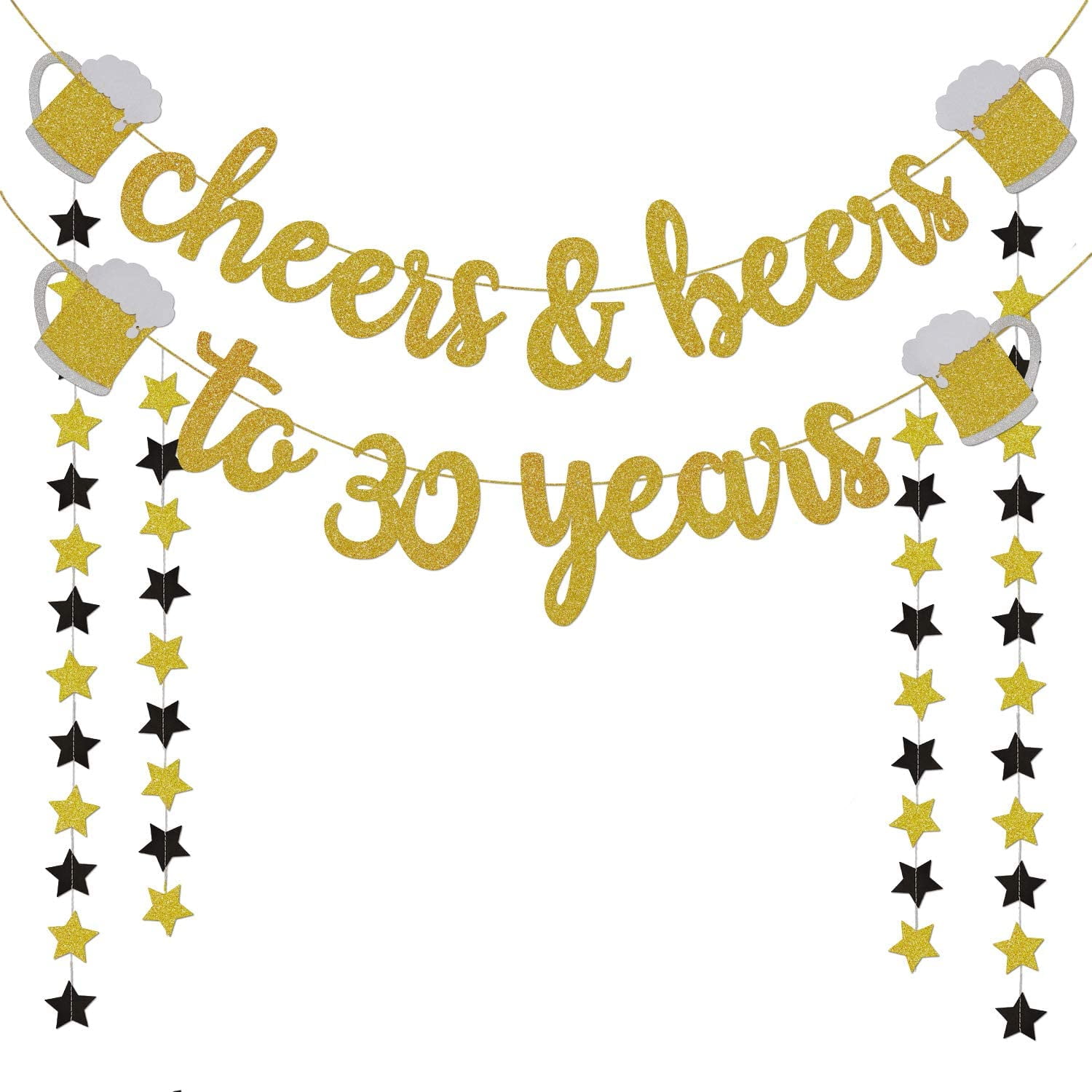 Highcool eers & Beers to 30 Years Gold Glitter Banner - 30th Birthday ...
