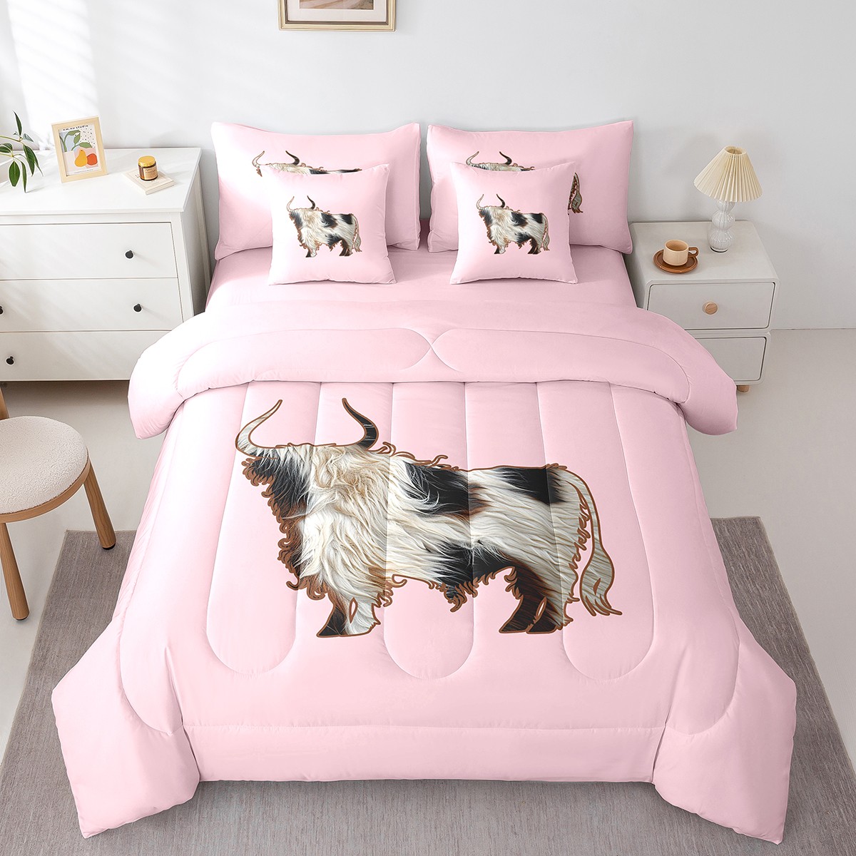 Highland Cattle 7 Pcs Comforter Set Queen Bed in a Bag,Pink Print ...