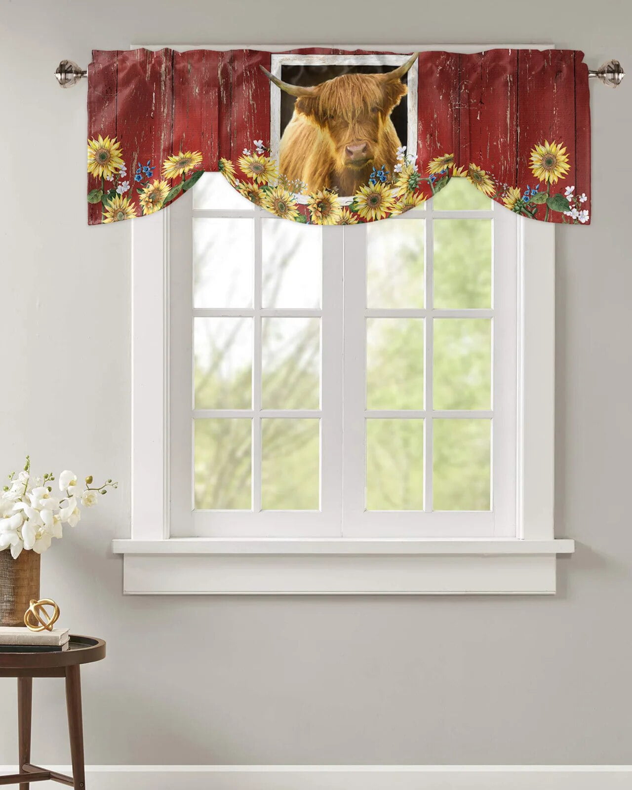 Highland Cattle And Sunflower Farm Window Valance Curtain Kitchen Cafe ...