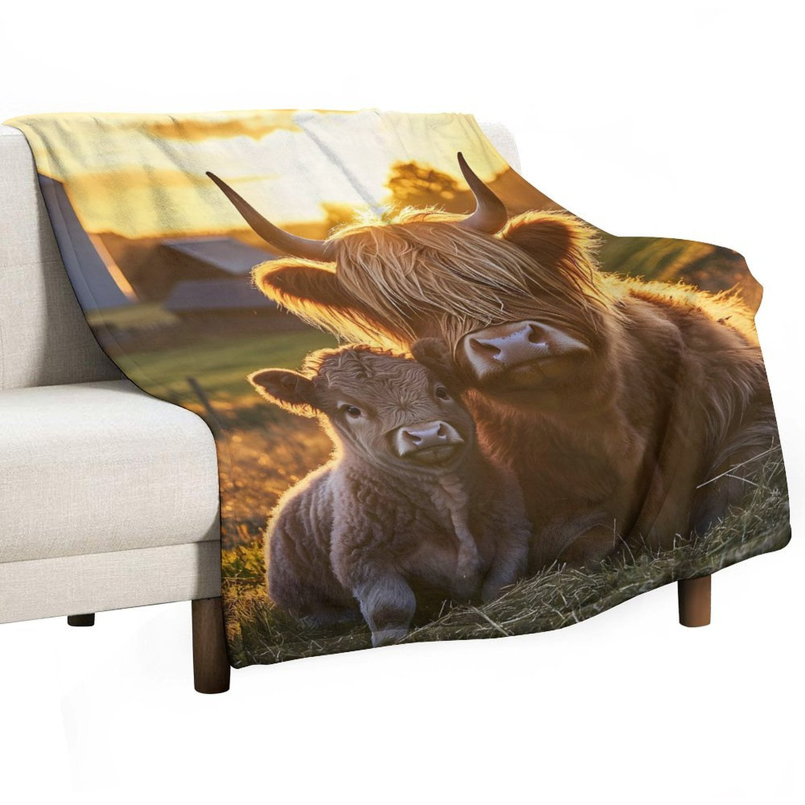 Highland Cattle with Baby Cow Sunset Super Soft Blanket Christmas Throw ...