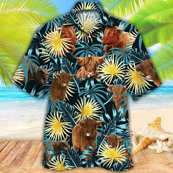 Highland Cattle Blue And Yellow Tropical Plants Hawaiian Shirt ...