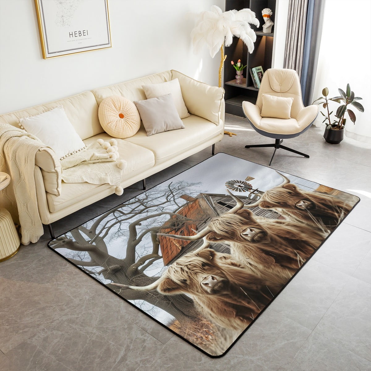 Highland Cattle Carpet 3x5,Funny Cute Cow Area Rug Teens,House Windmill ...