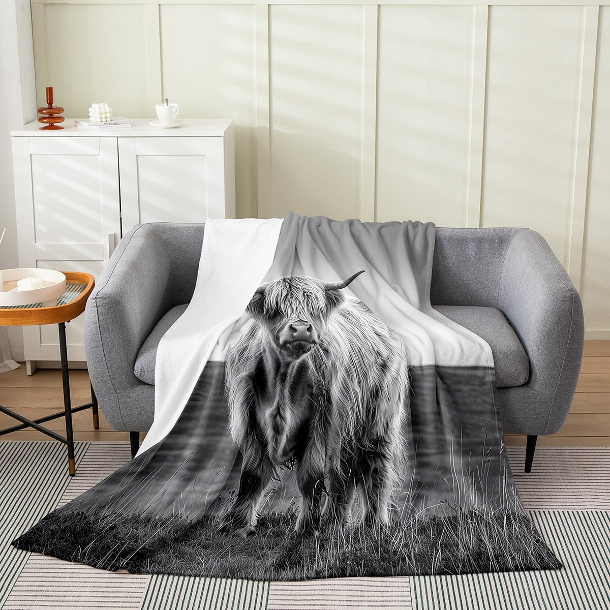 Highland Cattle Fleece Blanket For Adult Teens,Grey Cow Blanket,Funny ...