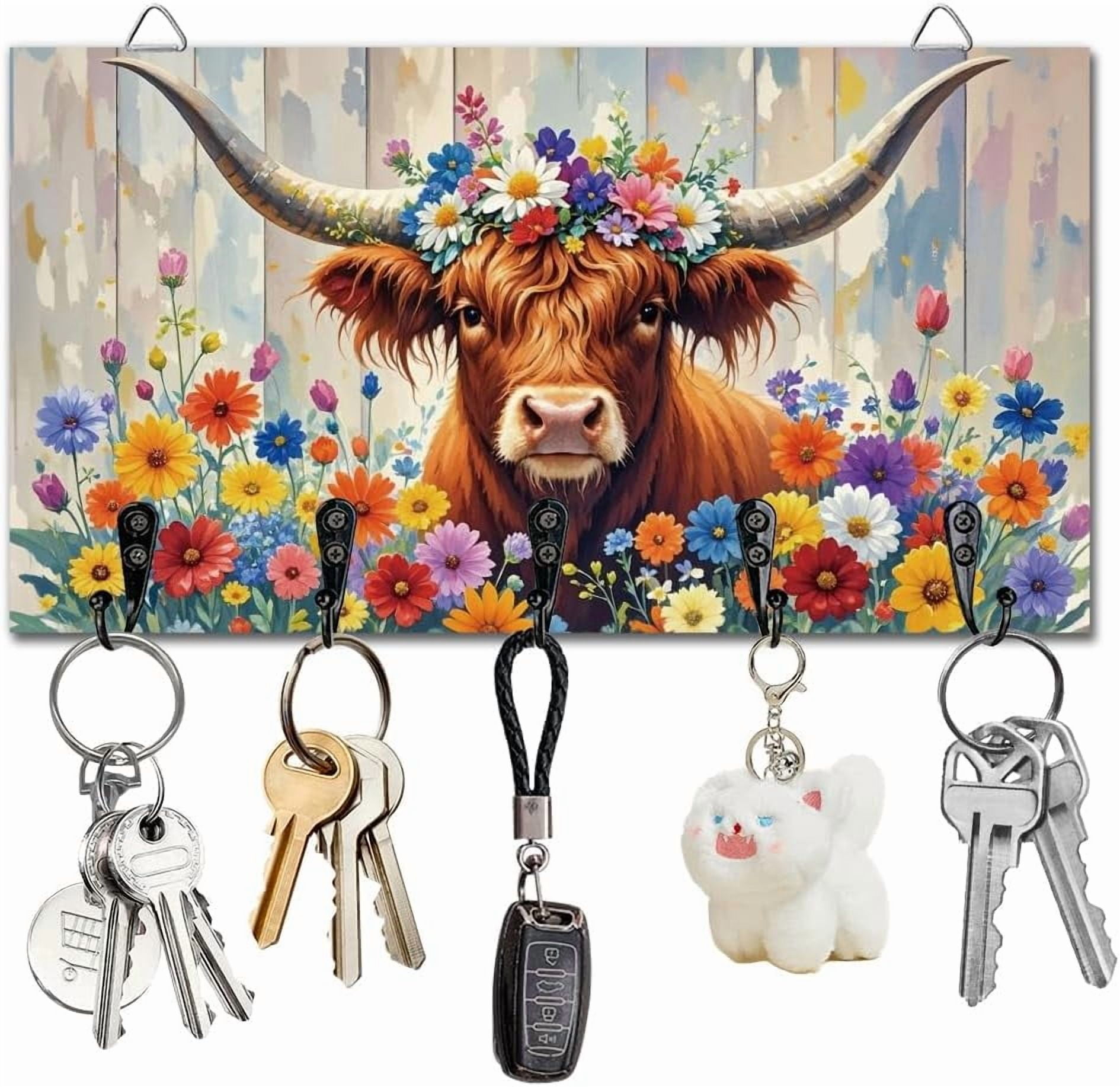 Highland Cattle and Flowers Key Holder Key Hooks Wall Mounted Wooden ...