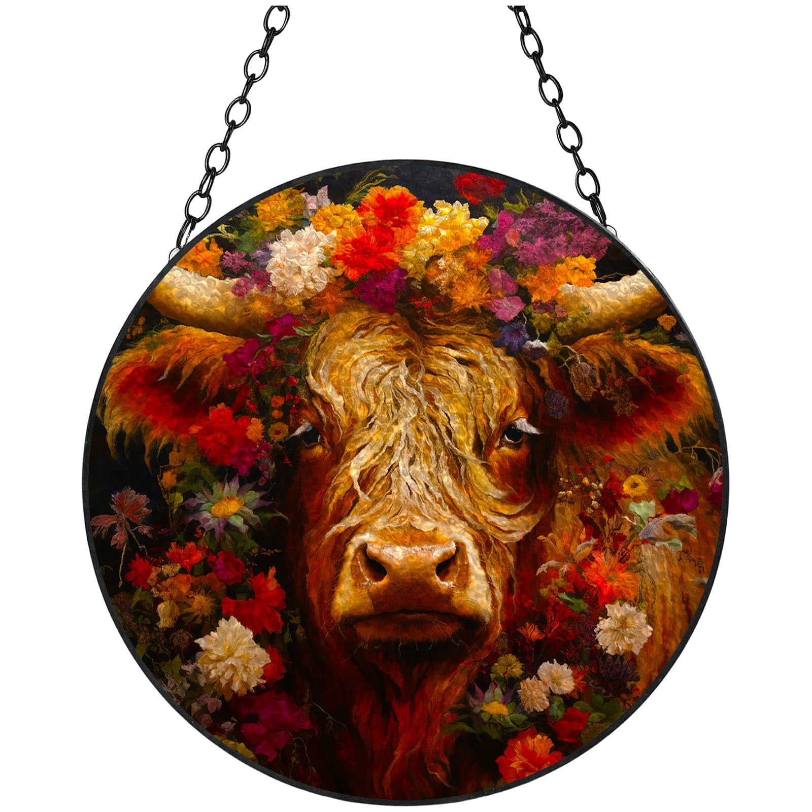 A Highland Cattle in Flowers Wreath Stained Glass Suncatcher Handmade ...