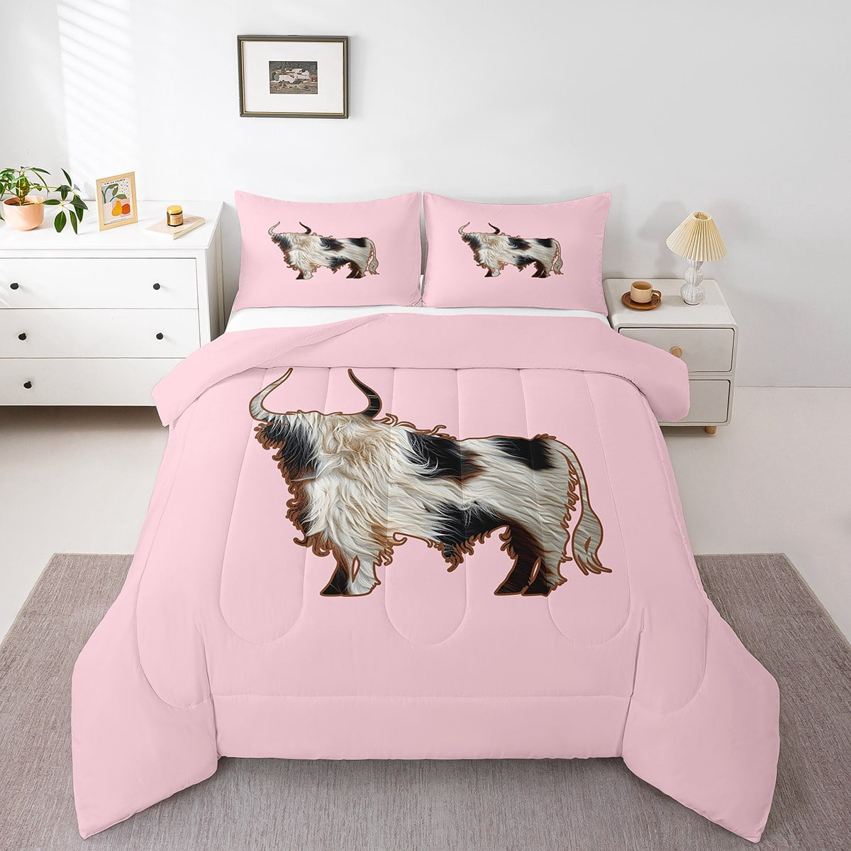 Highland Cattle Full Bedding Set,Pink Print Farmhouse Cow Comforter Set ...