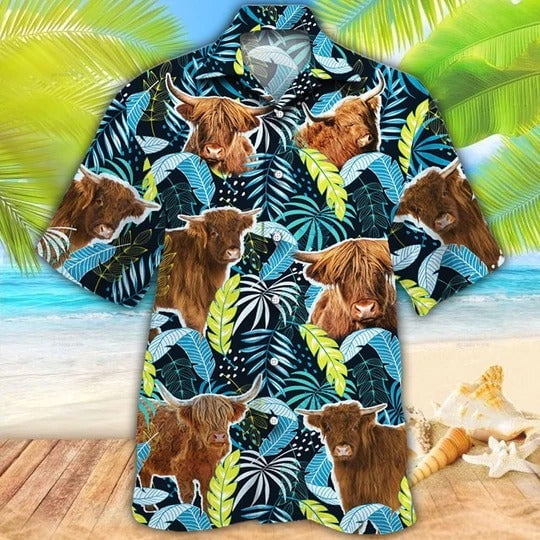 Highland Cattle Lovers Jungle Leaves Hawaiian Shirt, Unisex Print Aloha ...
