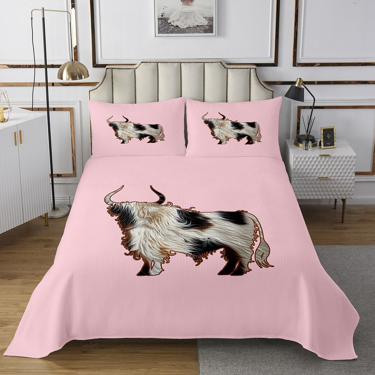 Highland Cattle Quilt Set Queen Size,Pink Print Farmhouse Cow ...