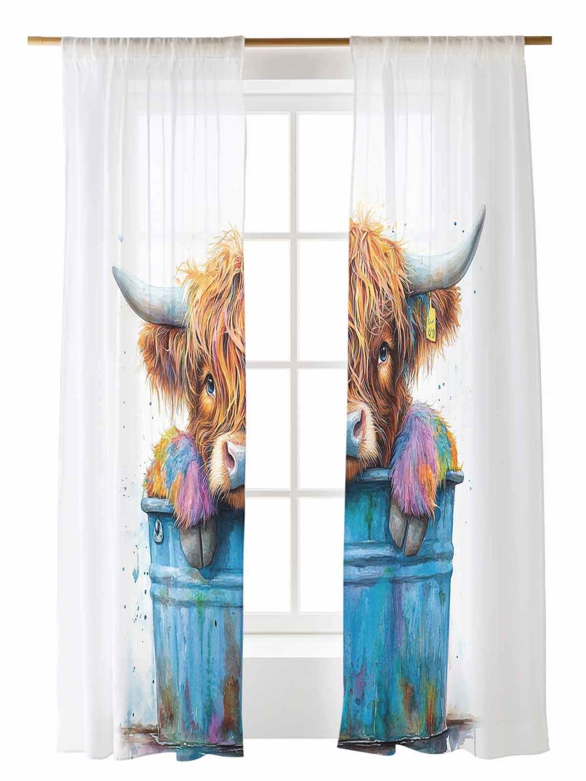 Highland Cattle Sheer Curtains 84 inches Long 2 Panels Set Farmhouse ...