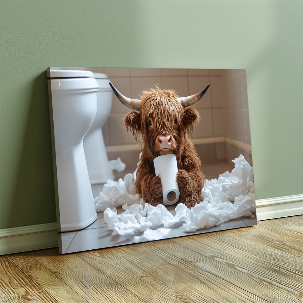 Highland Cattle Sitting on The Bathroom Floor with Toilet Paper in ...