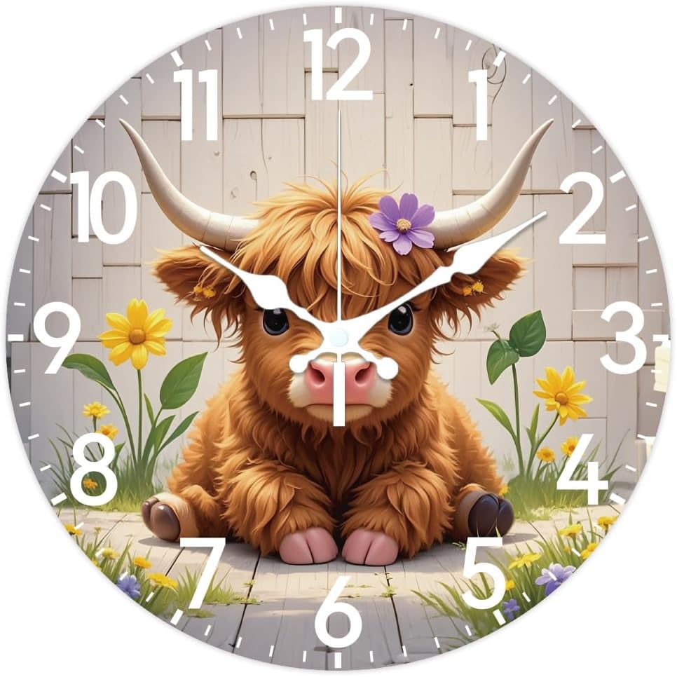 Highland Cattle Wall Clock 12 Inch Daisies Clock Battery Operated ...