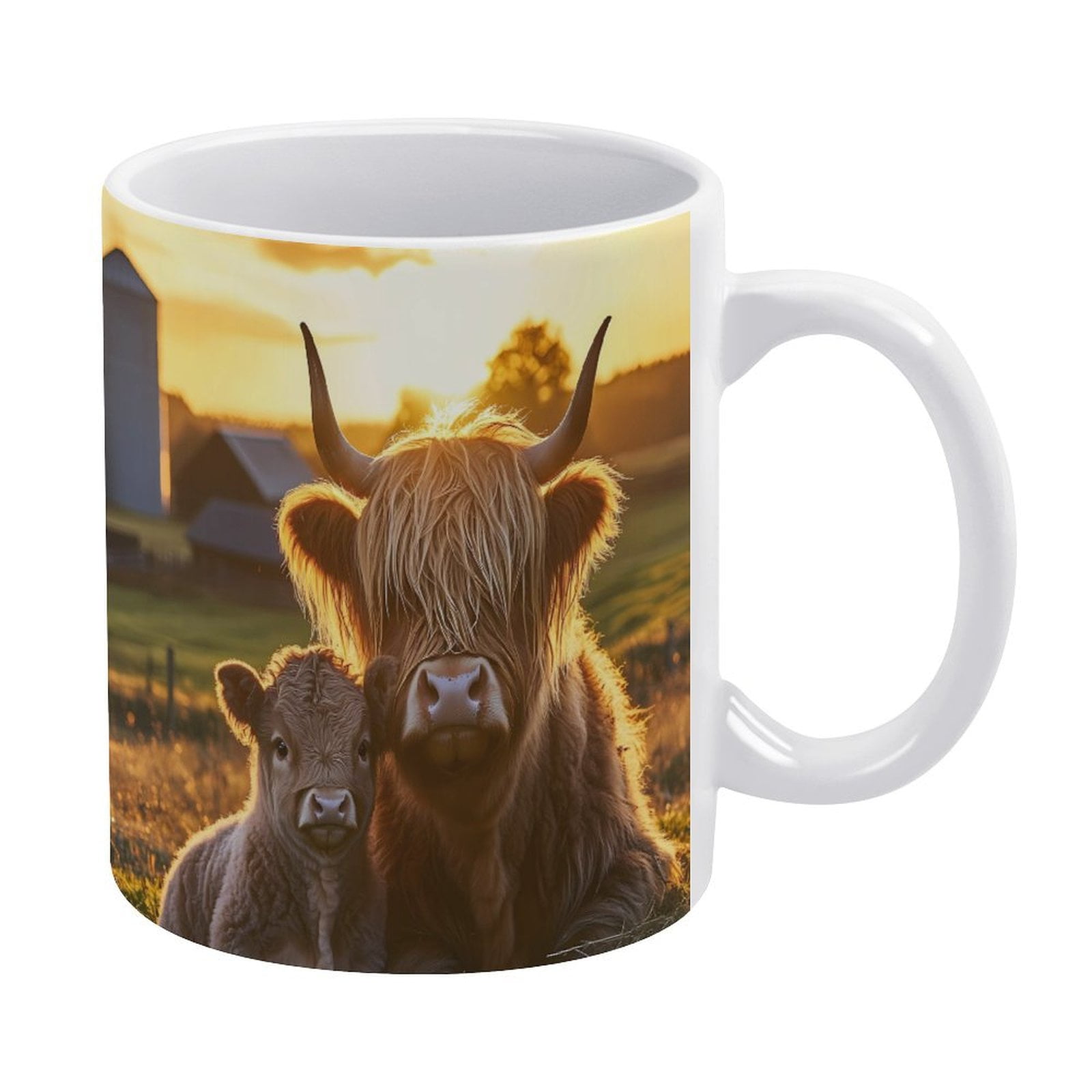 Highland Cattle with Baby Cow Sunset 11oz Coffee Mug with Handles ...