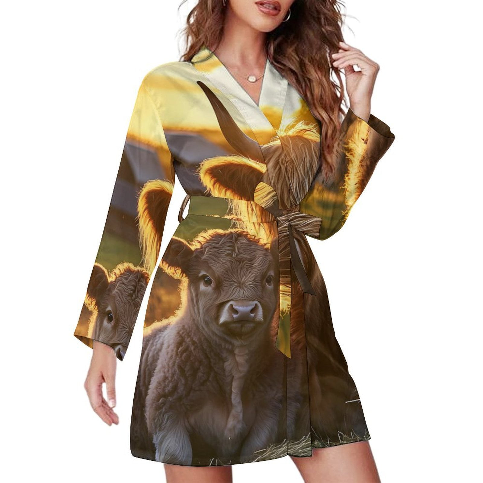 Highland Cattle with Baby Cow Sunset Lightweight Kimono Robe Midi Soft ...