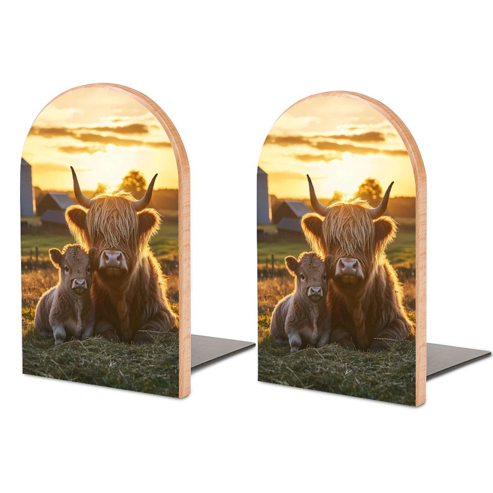 Highland Cattle with Baby Cow Sunset Wood Book Ends for Shelves Non ...