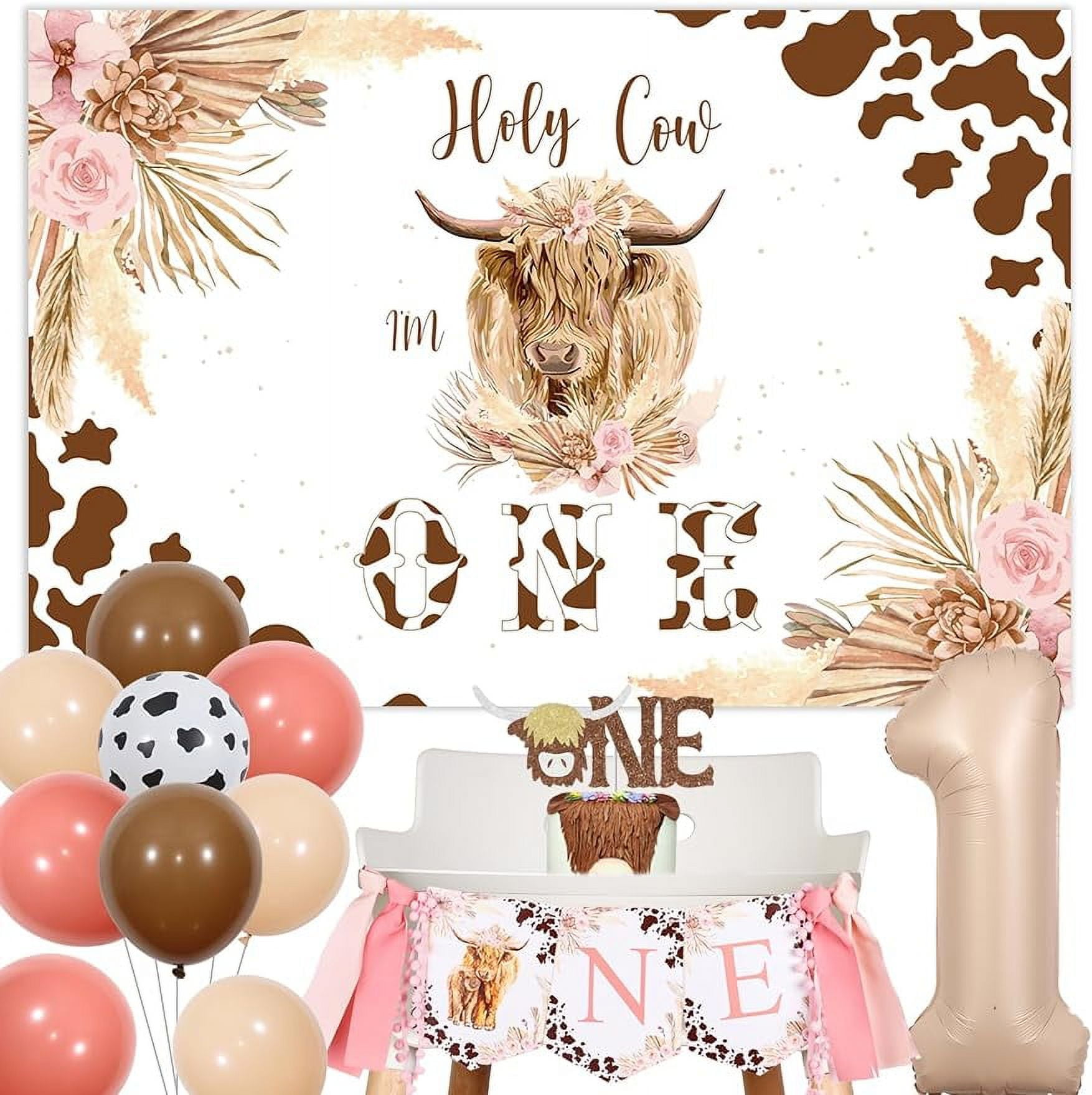 Highland Cow 1st Birthday Decorations Girl - Holy Cow Im One Backdrop ...