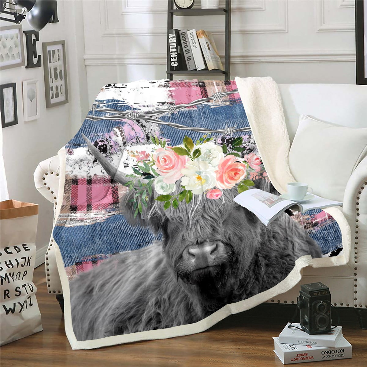 Highland Cow 50"x60" Throw Blanket ,Blue Denim Fleece Blanket Pink Checkered Buffalo Plaid ...