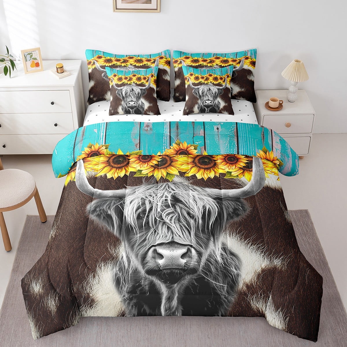 Highland Cow 7 Pcs Comforter Set Queen Cowhide Print Bed in a Bag Sunflower Floral Duvet Insert ...