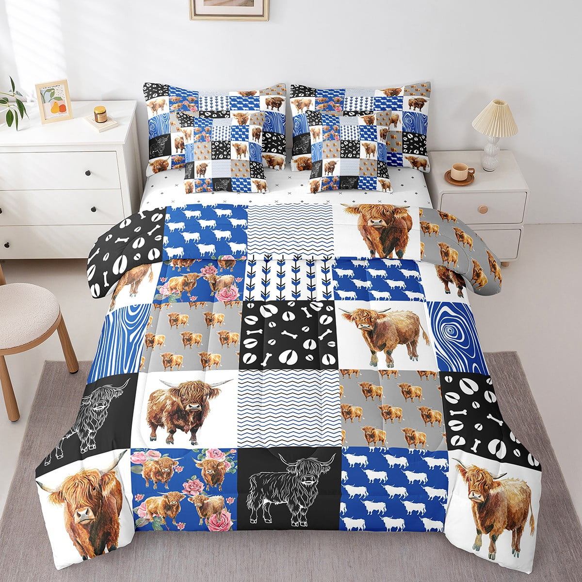 Highland Cow 7 Piece Comforter Set Full Bed in a Bag,Farm Animals ...