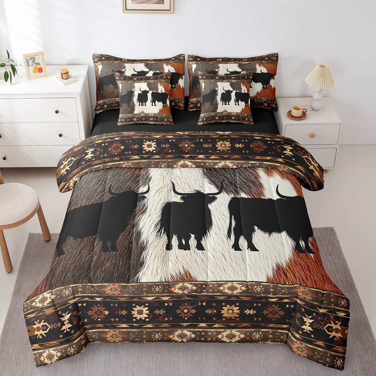 Highland Cow 7 Piece Comforter Set Full Bed in a Bag Geometric Aztec Bedding Sets,Farm Animals ...