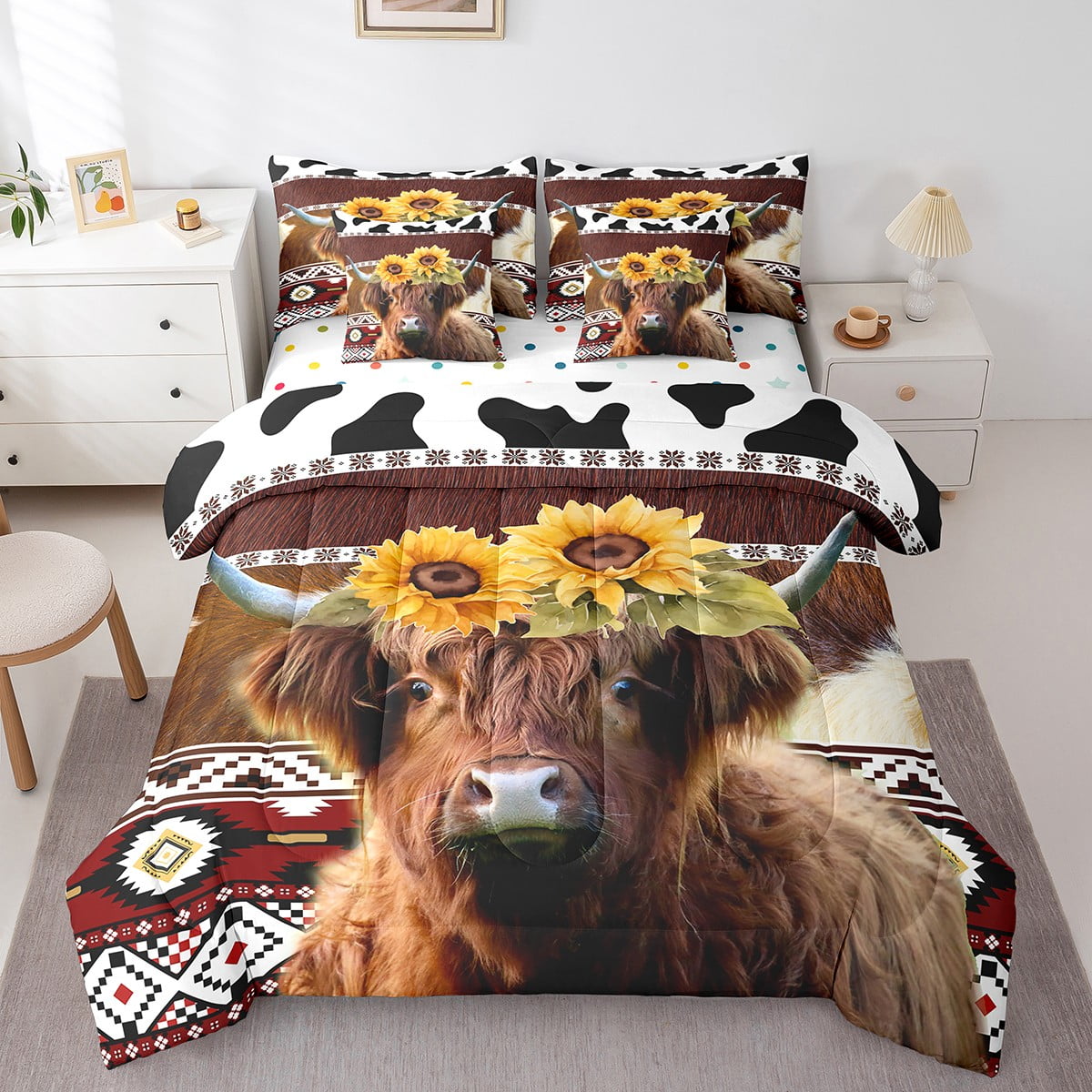 Highland Cow 7 Piece Comforter Set Full Bed in a Bag,Sunflower Bedding Sets Patchwork Cow Print ...