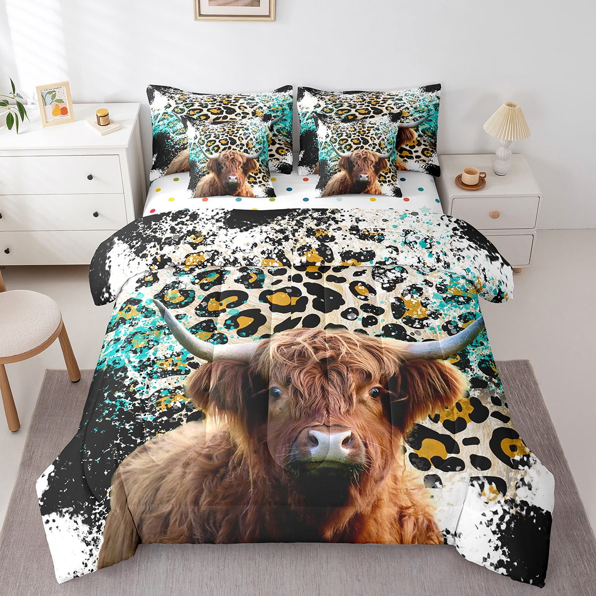 Highland Cow 7 Piece Comforter Set Full Bed in a Bag,Teal Brown Leopard ...
