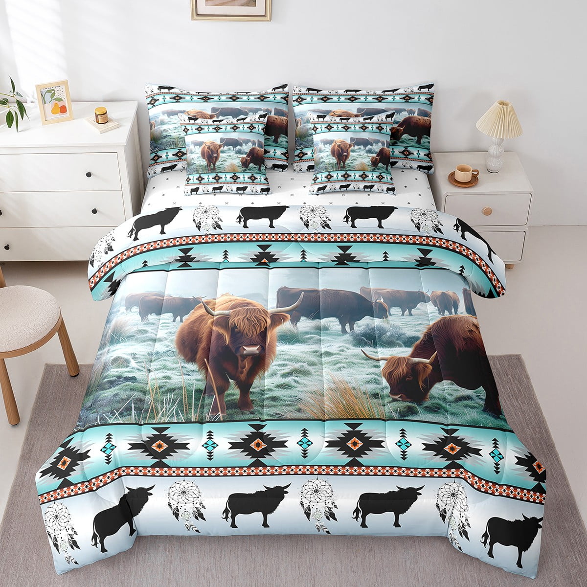 Highland Cow 7 Piece Comforter Set Full Bed in a Bag,Tribe Arrow Longhorn Bull Cattle Bedding ...