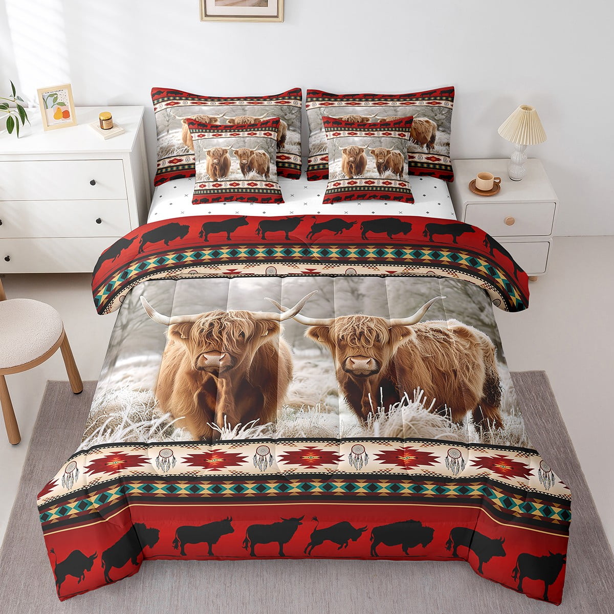 Highland Cow 7 Piece Comforter Set Full Bed in a Bag,Tribe Arrow Longhorn Bull Cattle Bedding ...