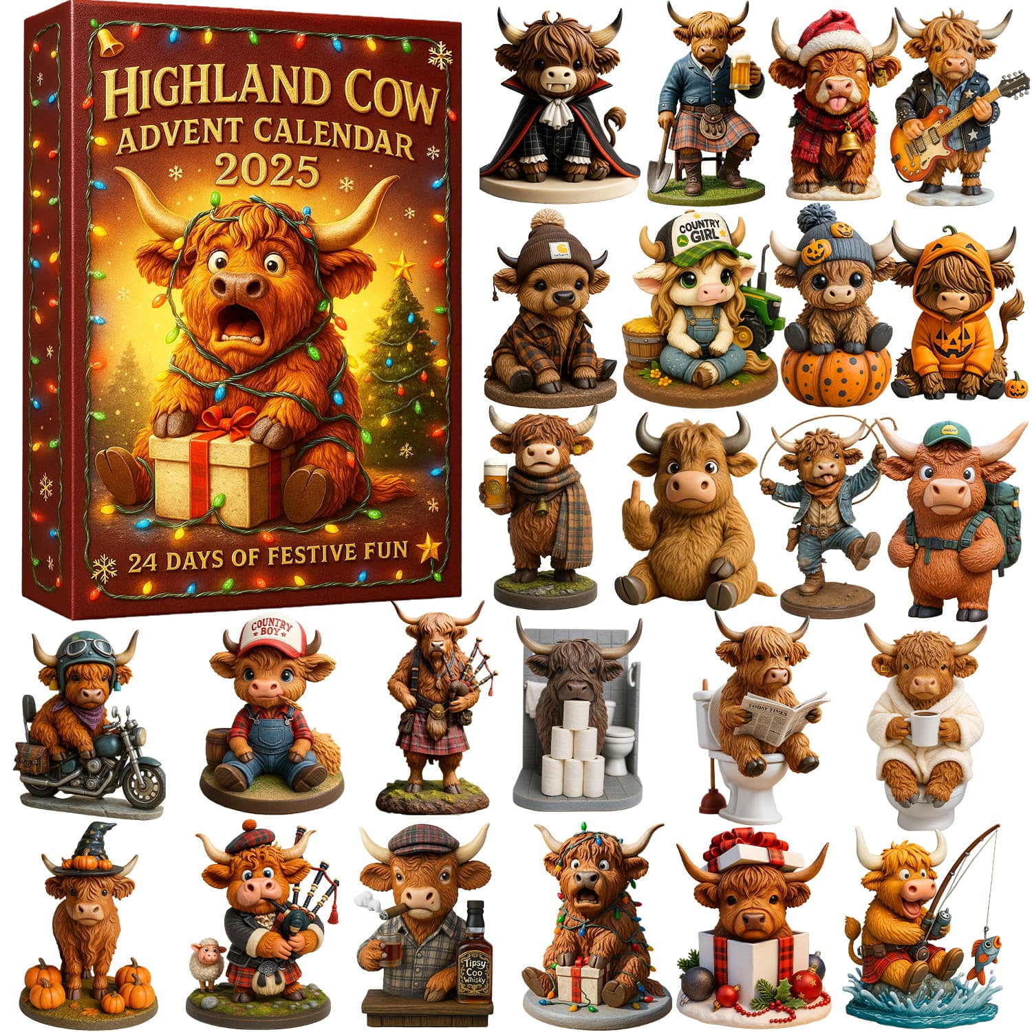 Highland Cow Advent Calendar 2025,Handmade Highland Cow Doll Ornaments ...