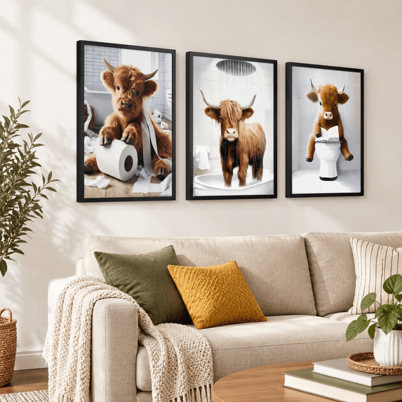 Highland Cow Bathroom Decor Set Of 3 Funny Brown Cute Wall Arttings ...