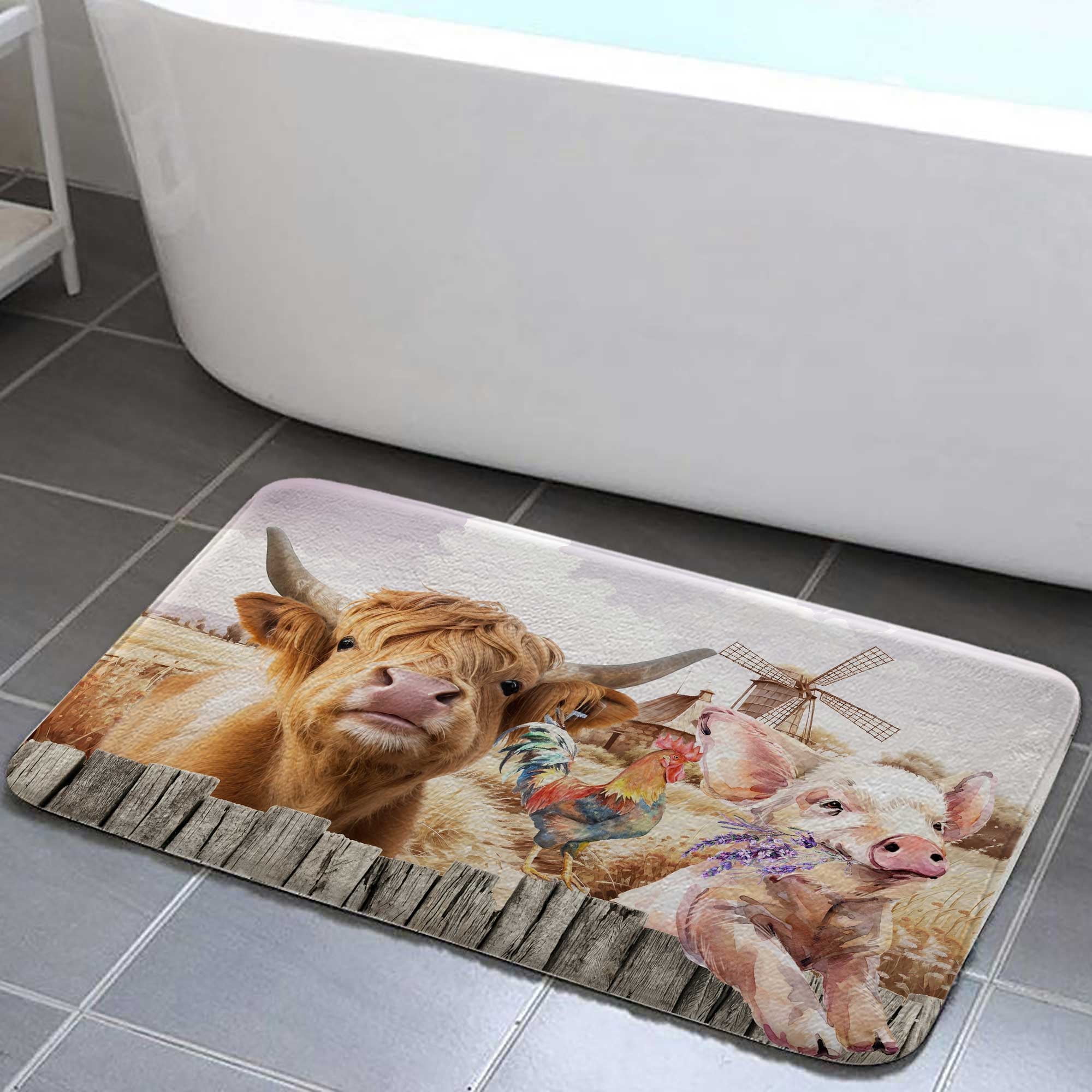 Highland Cow Bathroom Mat, Farm Chicken Pig Bathroom Rug Animal Print ...