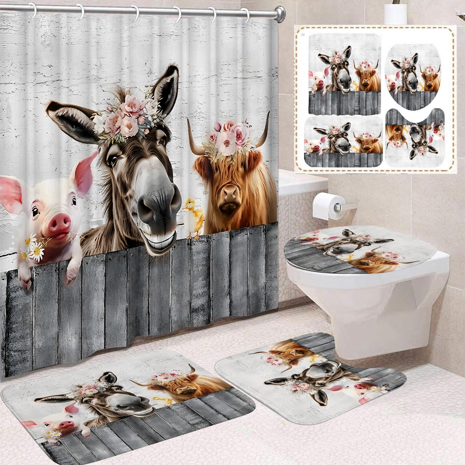 Highland Cow Bathroom Set 4 Piece, Bull Head Print Shower Curtain Bath ...