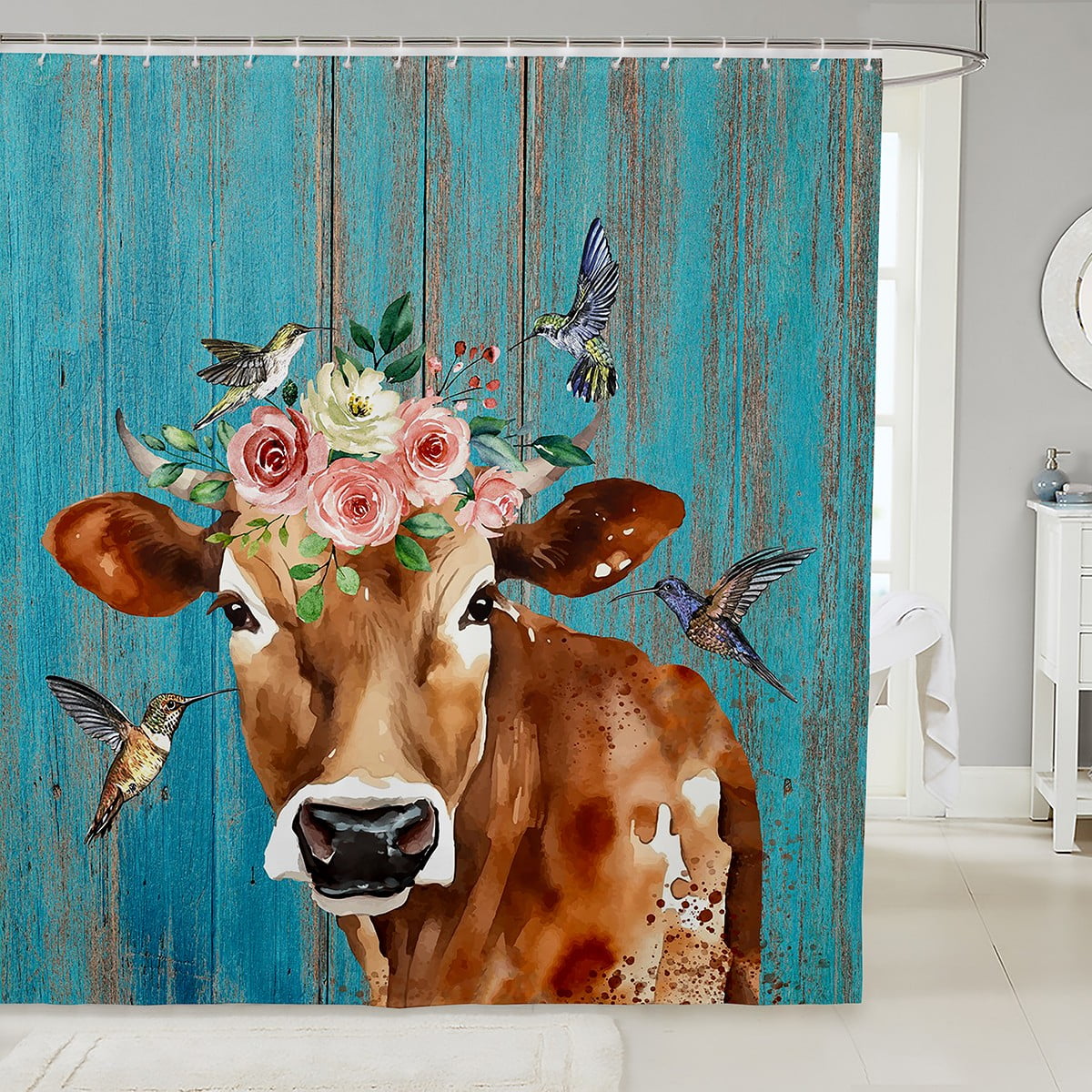 Highland Cow Bathroom Shower Curtain Sets Rustic Farmhouse Blue Wooden ...