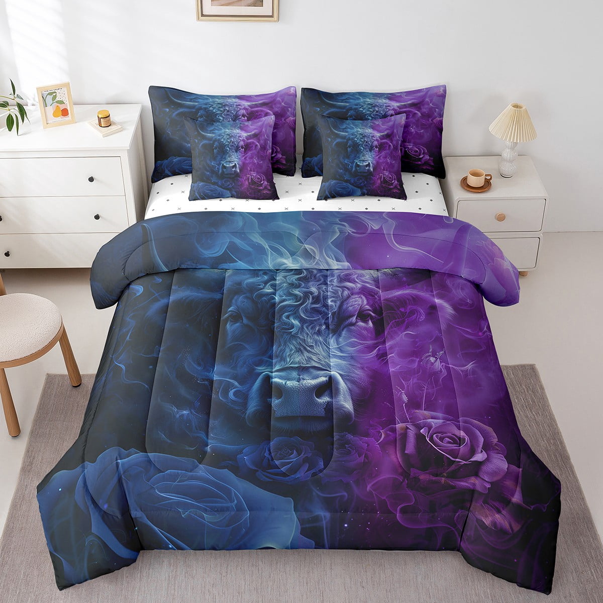 Highland Cow Bed in a Bag King Size Comforter Set 7 Pieces Rose Flowers ...