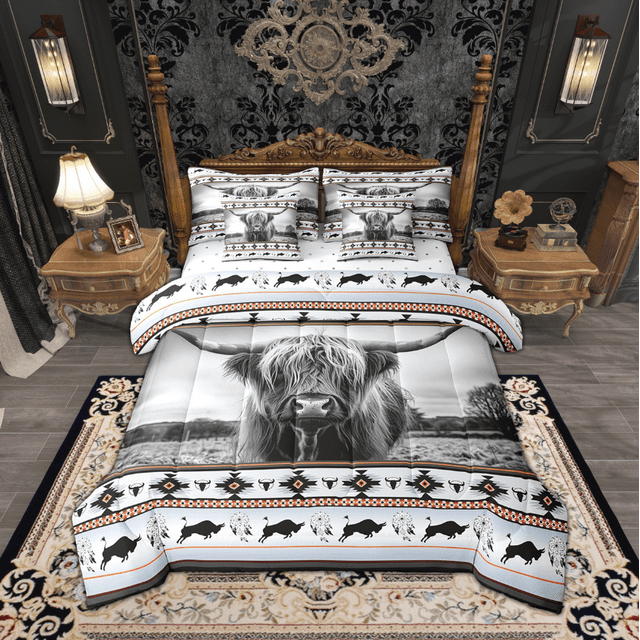Highland Cow Bed in a Bag King Size Comforter Set 7 Pieces,Tribe Arrow Longhorn Bull Cattle ...